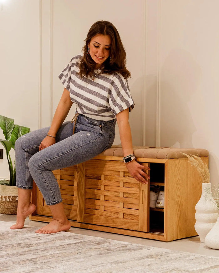 Oak Sliding Shoe Storage Bench - Wasilaah UAE
